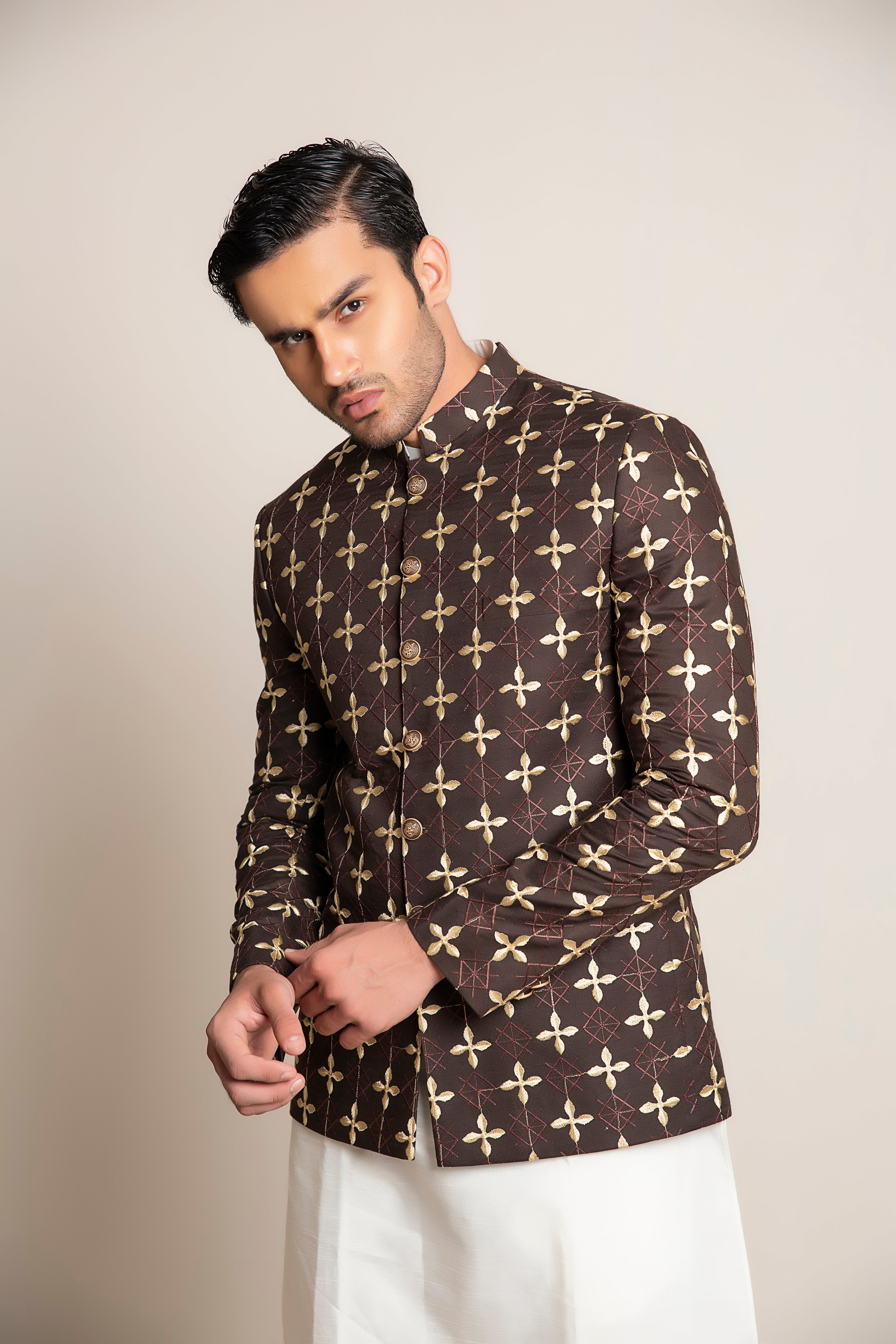 BROWN CHECKERED EMBROIDERED PRINCE COAT – DEEPAK & FAHAD