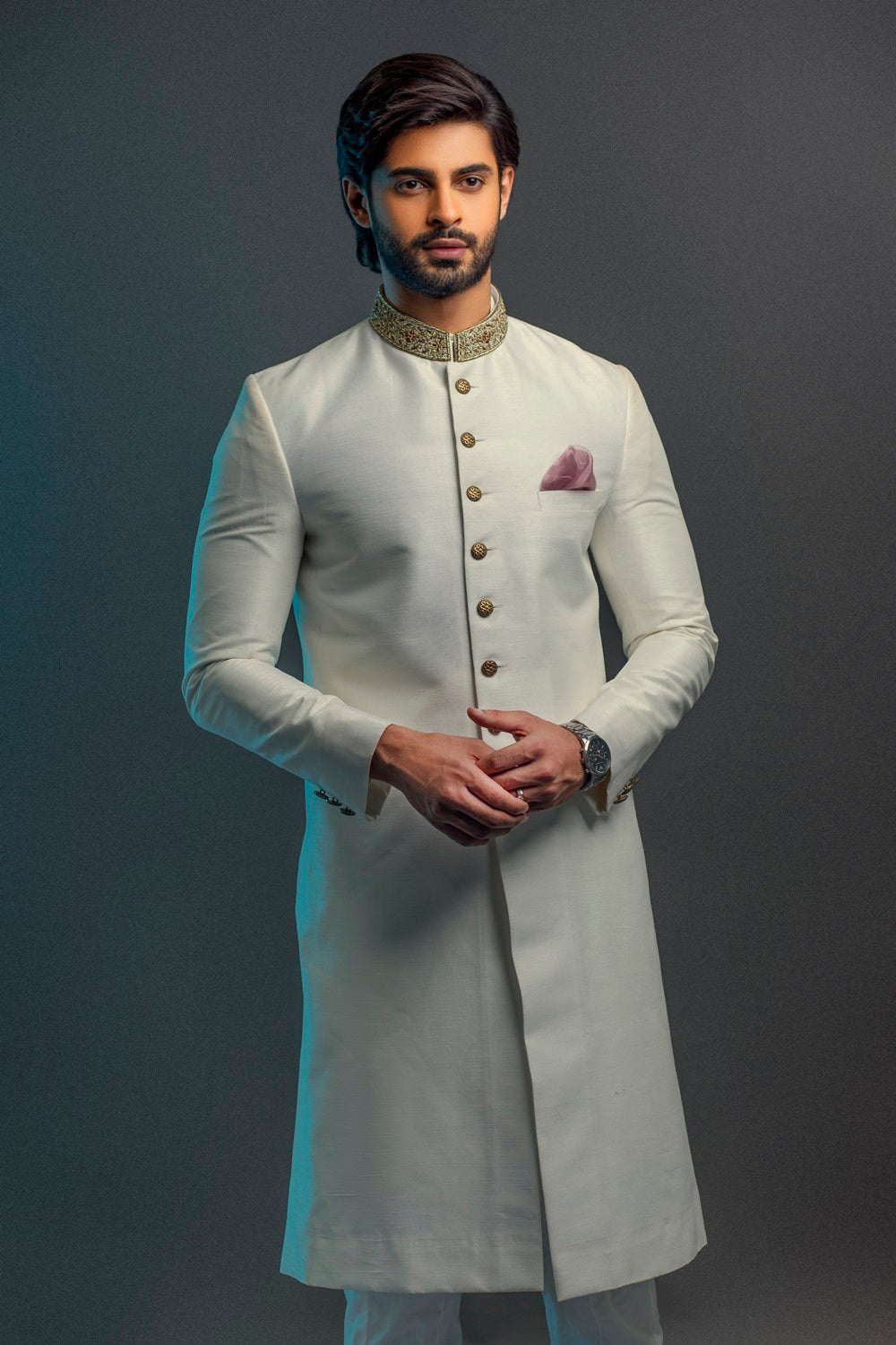 CLASSIC WHITE RAW SILK SHERWANI – DEEPAK & FAHAD